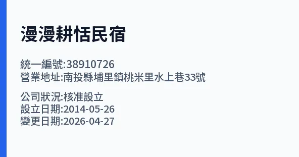 漫漫耕恬民宿的照片-統編 38910726(南投縣) 公司登記資料與營業項目詳細圖表