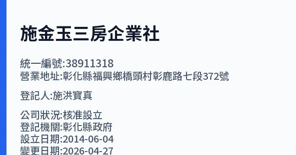 施金玉三房企業社的照片-統編 38911318(彰化縣) 公司登記資料與營業項目詳細圖表