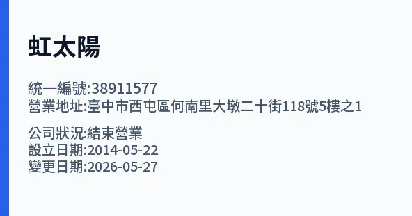 虹太陽的照片-統編 38911577(臺中市) 公司登記資料與營業項目詳細圖表