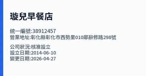 璇兒早餐店的照片-統編 38912457(彰化縣) 公司登記資料與營業項目詳細圖表