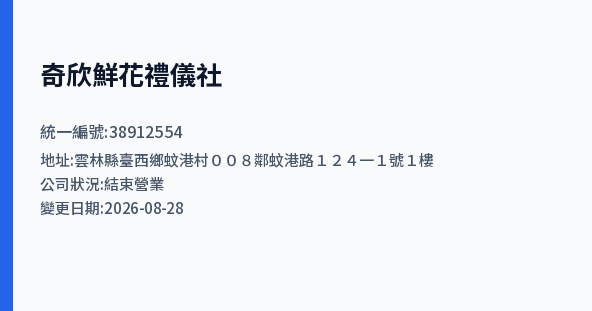奇欣鮮花禮儀社的照片-統編 38912554(雲林縣) 公司登記資料與營業項目詳細圖表
