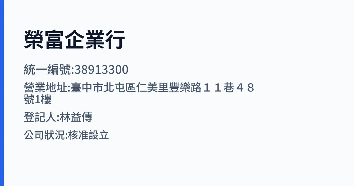 榮富企業行 - 統編 38913300(臺中市) 公司登記資料與營業項目詳細圖表