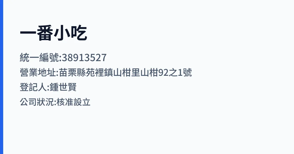 一番小吃 - 統編 38913527(苗栗縣) 公司登記資料與營業項目詳細圖表