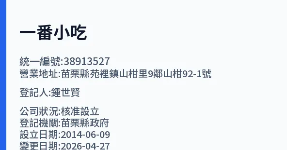 一番小吃的照片-統編 38913527(苗栗縣) 公司登記資料與營業項目詳細圖表