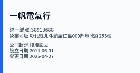 一帆電氣行的照片-統編 38913688(彰化縣) 公司登記資料與營業項目詳細圖表