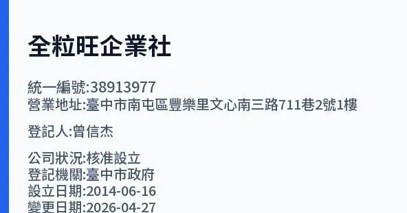 全粒旺企業社的照片-統編 38913977(臺中市) 公司登記資料與營業項目詳細圖表