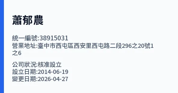 蕭郁農的照片-統編 38915031(臺中市) 公司登記資料與營業項目詳細圖表