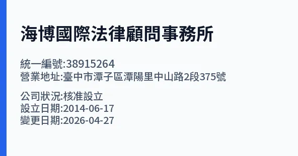 海博國際法律顧問事務所的照片-統編 38915264(臺中市) 公司登記資料與營業項目詳細圖表
