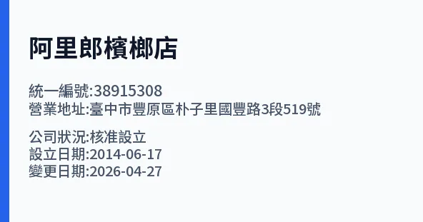 阿里郎檳榔店的照片-統編 38915308(臺中市) 公司登記資料與營業項目詳細圖表