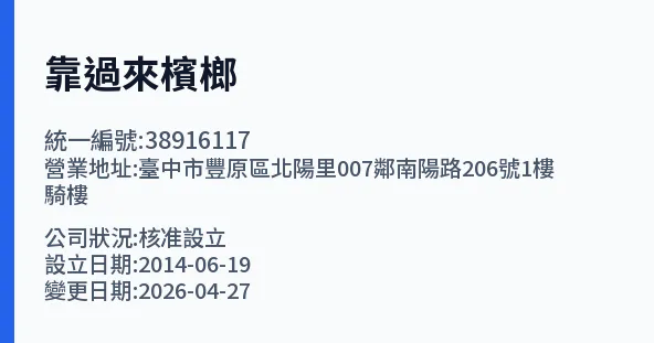 靠過來檳榔的照片-統編 38916117(臺中市) 公司登記資料與營業項目詳細圖表