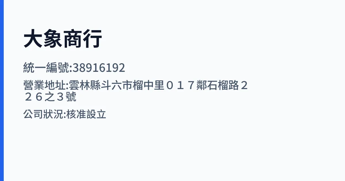 大象商行 - 統編 38916192(雲林縣) 公司登記資料與營業項目詳細圖表