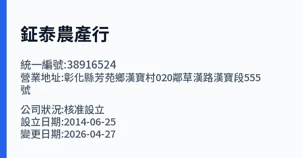 鉦泰農產行的照片-統編 38916524(彰化縣) 公司登記資料與營業項目詳細圖表