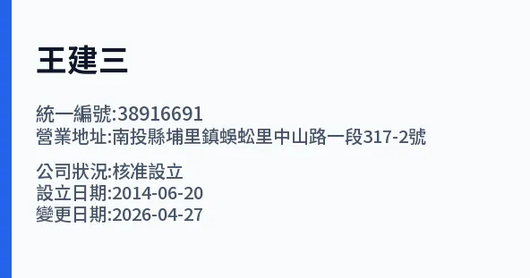 王建三的照片-統編 38916691(南投縣) 公司登記資料與營業項目詳細圖表