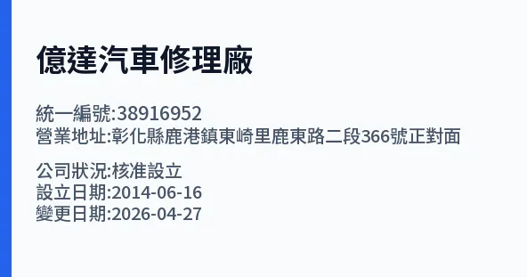 億達汽車修理廠的照片-統編 38916952(彰化縣) 公司登記資料與營業項目詳細圖表