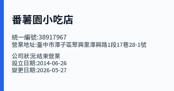 番薯園小吃店的照片-統編 38917967(臺中市) 公司登記資料與營業項目詳細圖表