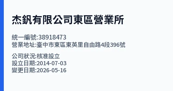 杰釩有限公司東區營業所的照片-統編 38918473(臺中市) 公司登記資料與營業項目詳細圖表