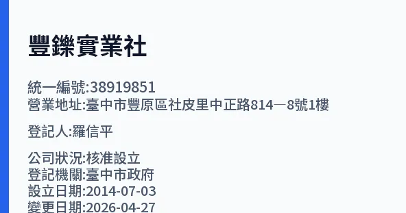 豐鑠實業社的照片-統編 38919851(臺中市) 公司登記資料與營業項目詳細圖表