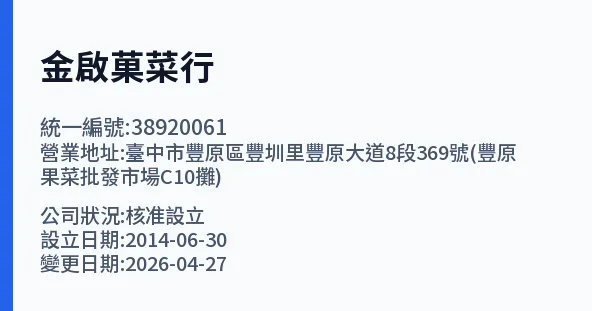 金啟菓菜行的照片-統編 38920061(臺中市) 公司登記資料與營業項目詳細圖表