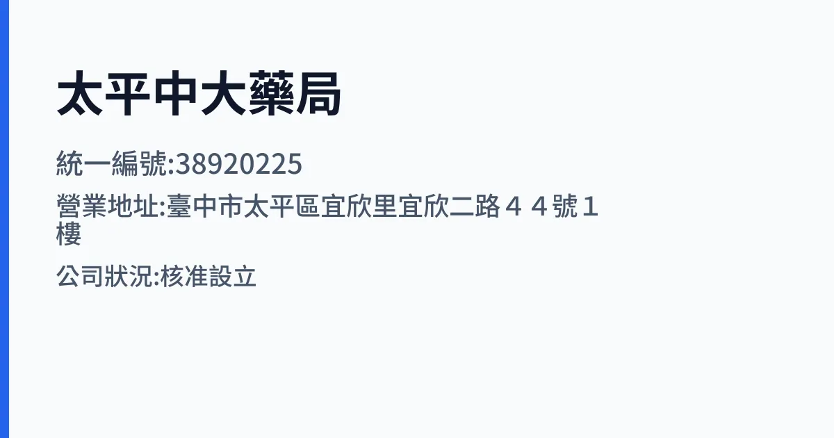 太平中大藥局 - 統編 38920225(臺中市) 公司登記資料與營業項目詳細圖表