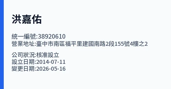 洪嘉佑的照片-統編 38920610(臺中市) 公司登記資料與營業項目詳細圖表