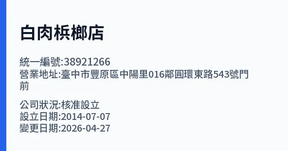 白肉梹榔店的照片-統編 38921266(臺中市) 公司登記資料與營業項目詳細圖表