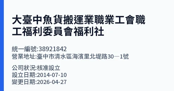 大臺中魚貨搬運業職業工會職工福利委員會福利社的照片-統編 38921842(臺中市) 公司登記資料與營業項目詳細圖表