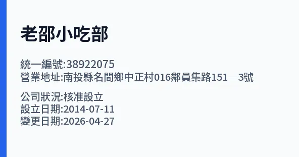 老邵小吃部的照片-統編 38922075(南投縣) 公司登記資料與營業項目詳細圖表