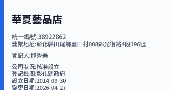 華夏藝品店的照片-統編 38922862(彰化縣) 公司登記資料與營業項目詳細圖表