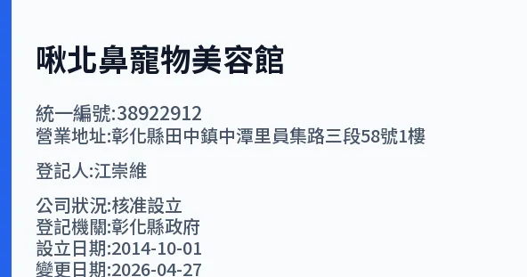 啾北鼻寵物美容館的照片-統編 38922912(彰化縣) 公司登記資料與營業項目詳細圖表