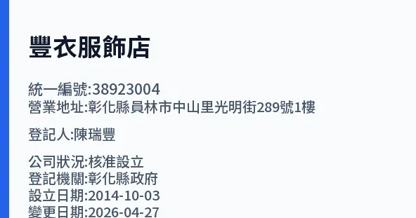 豐衣服飾店的照片-統編 38923004(彰化縣) 公司登記資料與營業項目詳細圖表