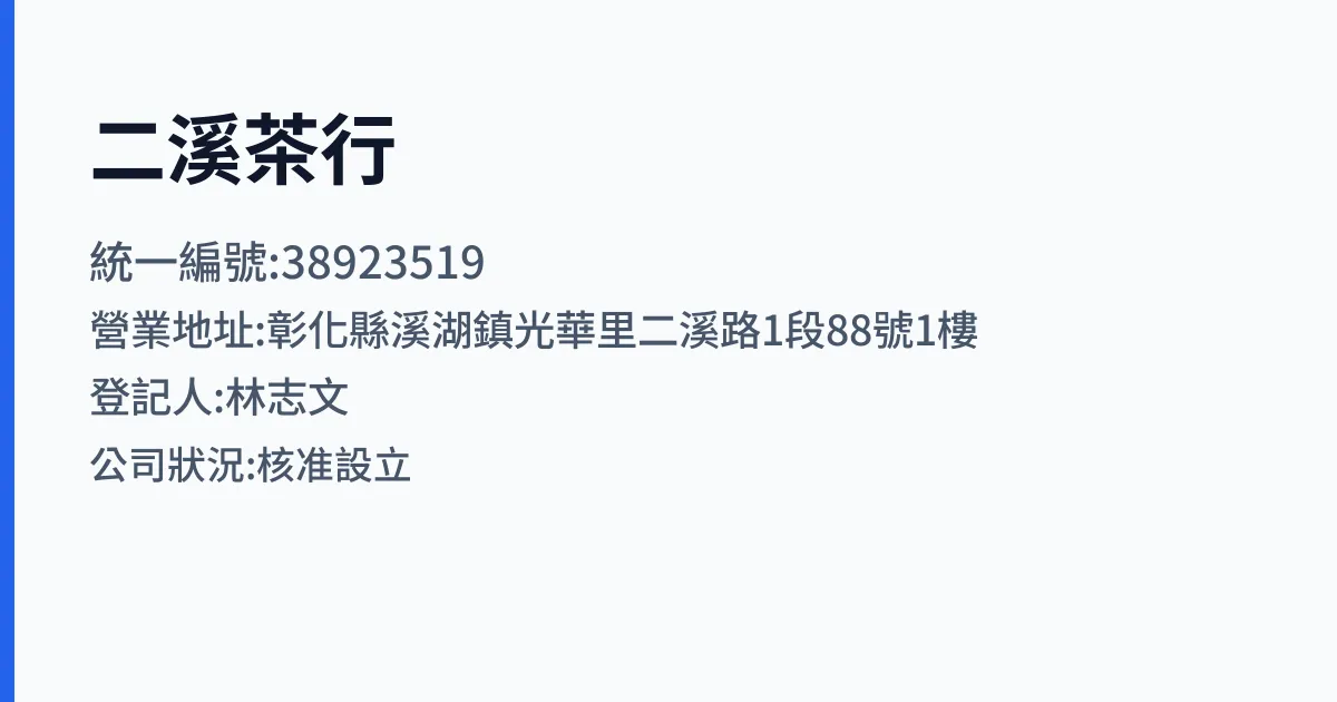 二溪茶行 - 統編 38923519(彰化縣) 公司登記資料與營業項目詳細圖表