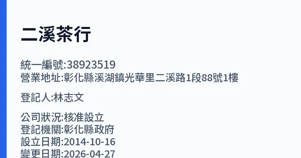 二溪茶行的照片-統編 38923519(彰化縣) 公司登記資料與營業項目詳細圖表