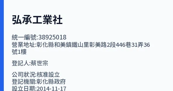 弘承工業社的照片-統編 38925018(彰化縣) 公司登記資料與營業項目詳細圖表