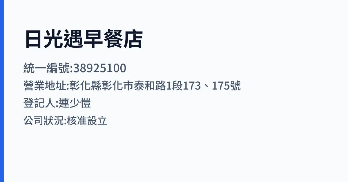 日光遇早餐店 - 統編 38925100(彰化縣) 公司登記資料與營業項目詳細圖表