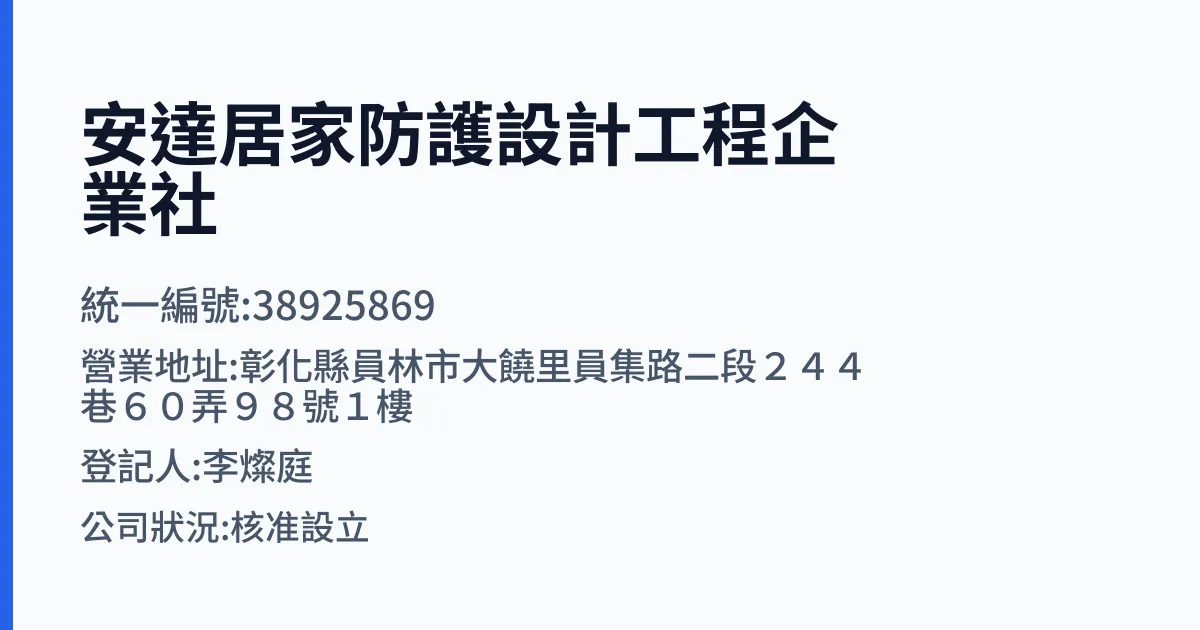 安達居家防護設計工程企業社 - 統編 38925869(彰化縣) 公司登記資料與營業項目詳細圖表