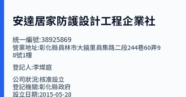 安達居家防護設計工程企業社的照片-統編 38925869(彰化縣) 公司登記資料與營業項目詳細圖表