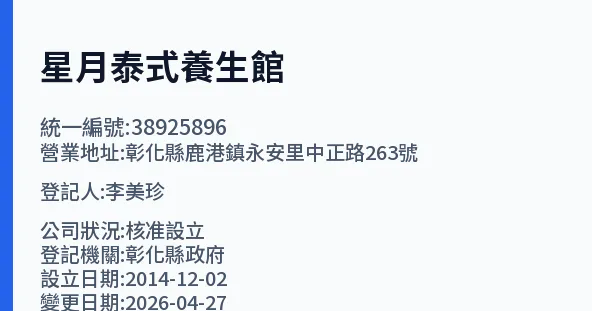 星月泰式養生館的照片-統編 38925896(彰化縣) 公司登記資料與營業項目詳細圖表