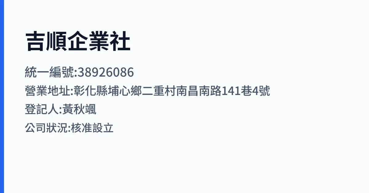 吉順企業社 - 統編 38926086(彰化縣) 公司登記資料與營業項目詳細圖表