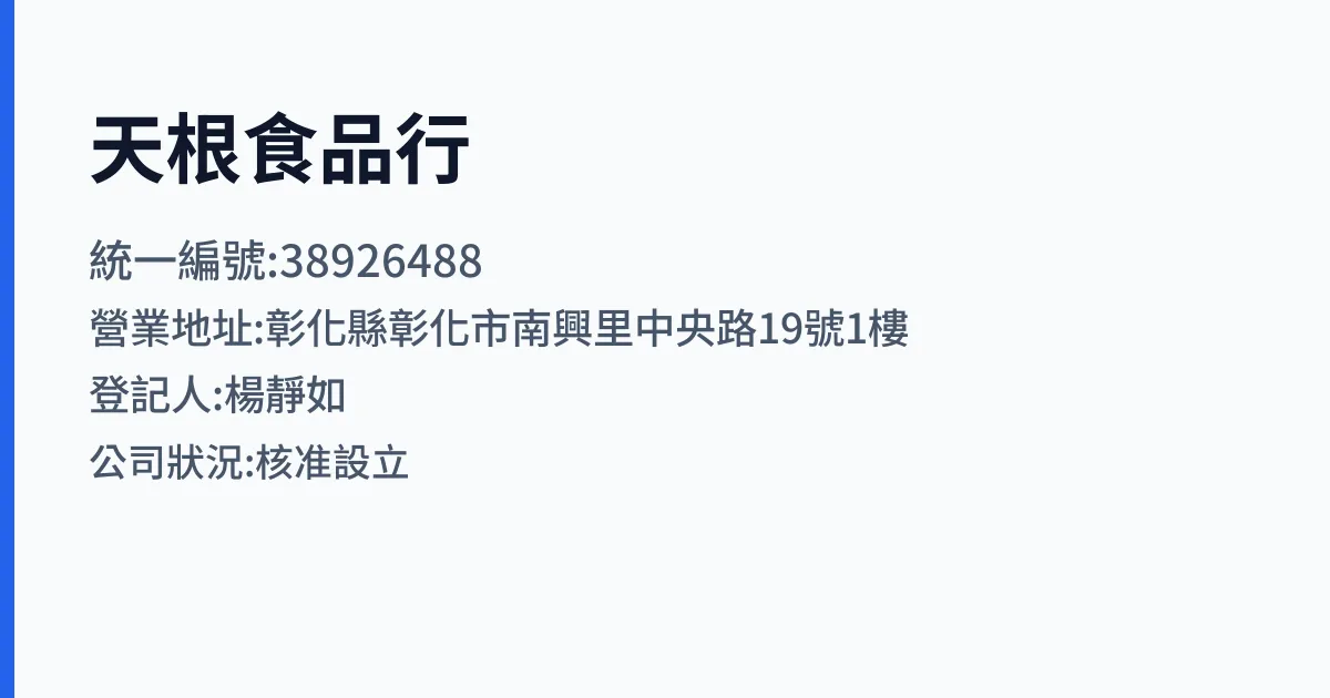 天根食品行 - 統編 38926488(彰化縣) 公司登記資料與營業項目詳細圖表