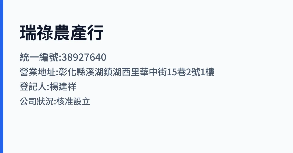 瑞祿農產行 - 統編 38927640(彰化縣) 公司登記資料與營業項目詳細圖表