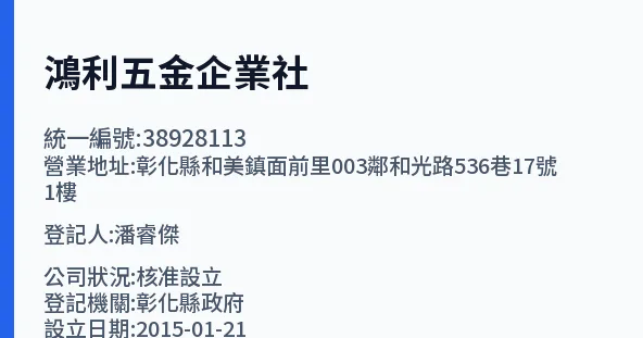 鴻利五金企業社的照片-統編 38928113(彰化縣) 公司登記資料與營業項目詳細圖表