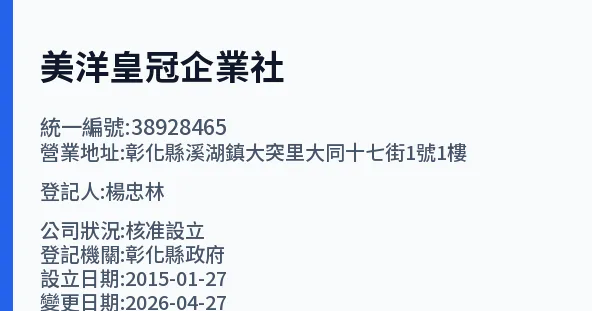 美洋皇冠企業社的照片-統編 38928465(彰化縣) 公司登記資料與營業項目詳細圖表