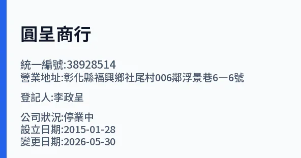 圓呈商行的照片-統編 38928514(彰化縣) 公司登記資料與營業項目詳細圖表