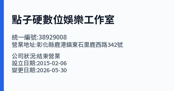 點子硬數位娛樂工作室的照片-統編 38929008(彰化縣) 公司登記資料與營業項目詳細圖表