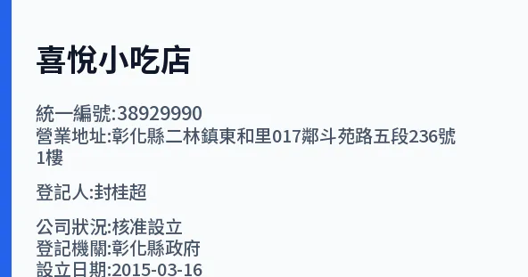 喜悅小吃店的照片-統編 38929990(彰化縣) 公司登記資料與營業項目詳細圖表