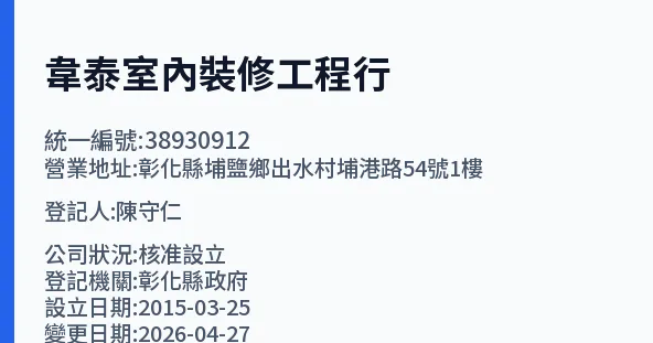 韋泰室內裝修工程行的照片-統編 38930912(彰化縣) 公司登記資料與營業項目詳細圖表