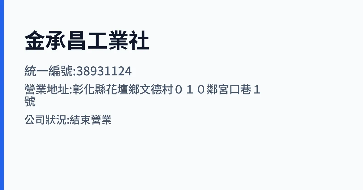 金承昌工業社 - 統編 38931124(彰化縣) 公司登記資料與營業項目詳細圖表