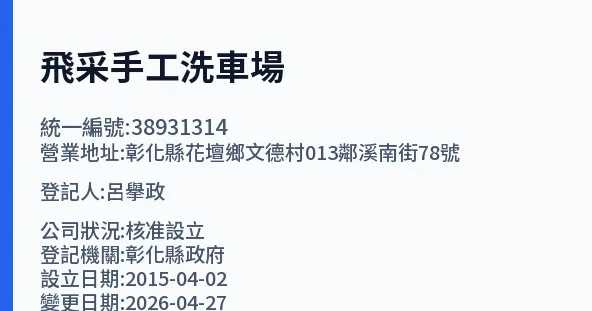 飛采手工洗車場的照片-統編 38931314(彰化縣) 公司登記資料與營業項目詳細圖表