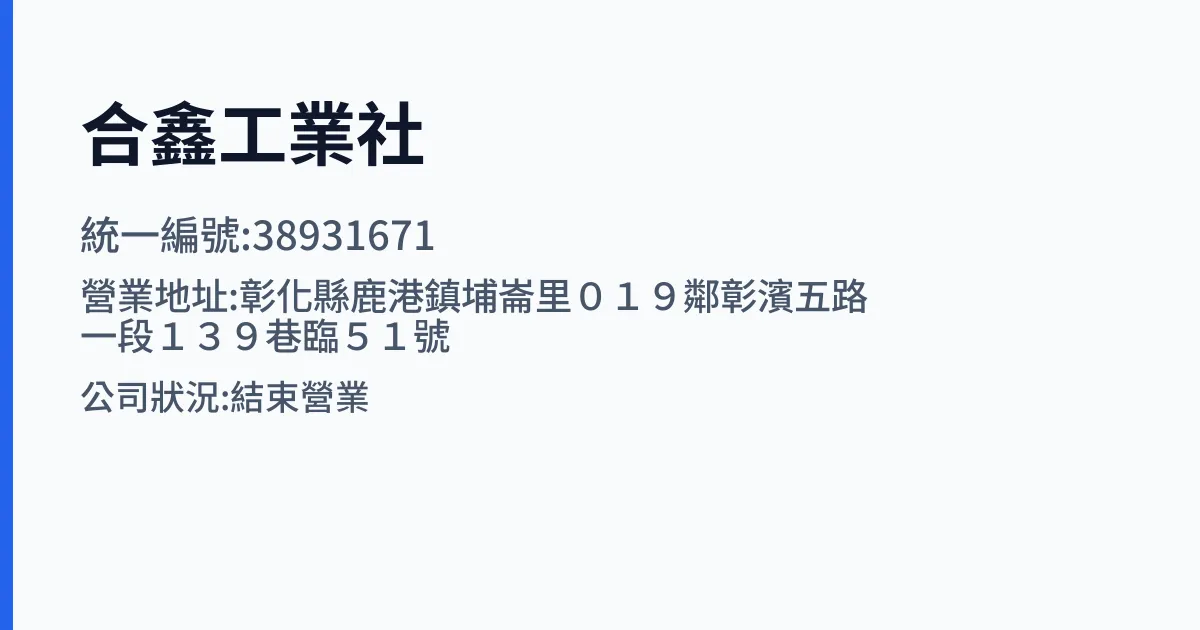 合鑫工業社 - 統編 38931671(彰化縣) 公司登記資料與營業項目詳細圖表