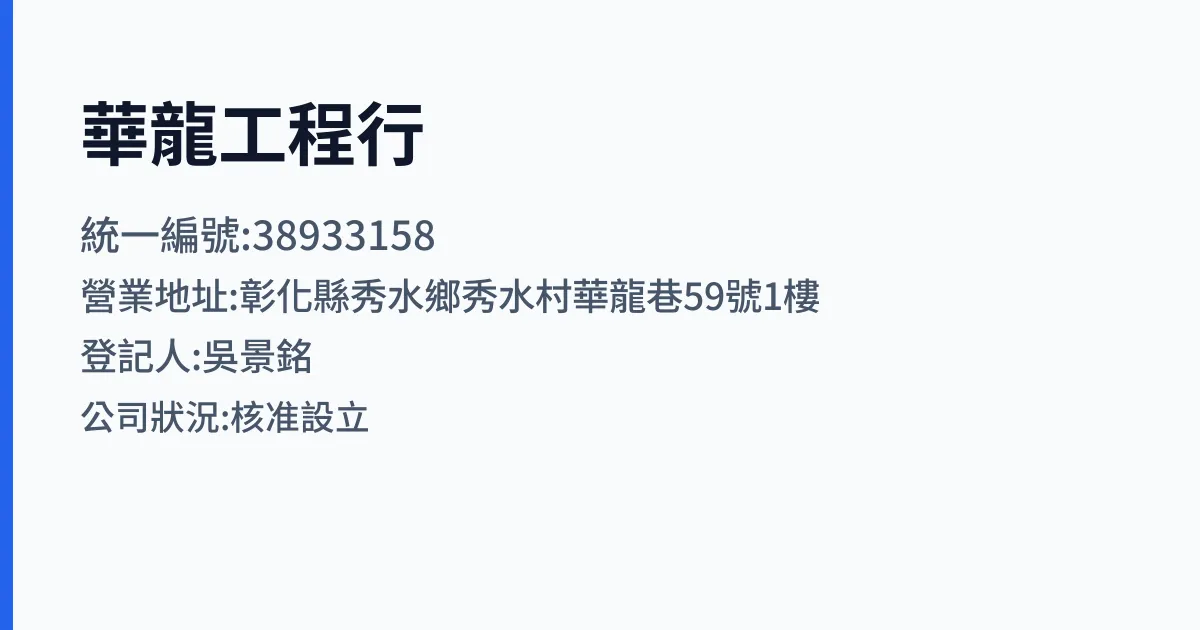 華龍工程行 - 統編 38933158(彰化縣) 公司登記資料與營業項目詳細圖表